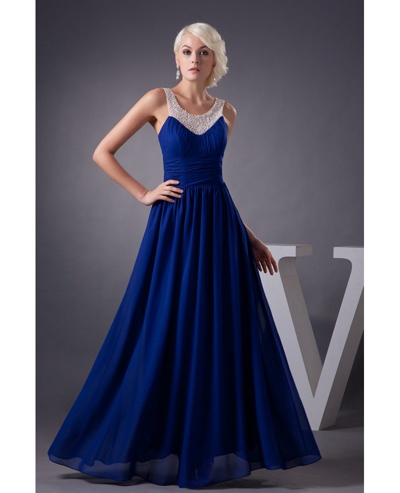 A Line Scoop Neck Floor Length Chiffon Prom Dress With Beading Op4961