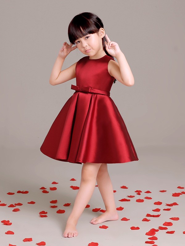 Simple Burgundy Satin Short Flower Girl Dress - GemGrace