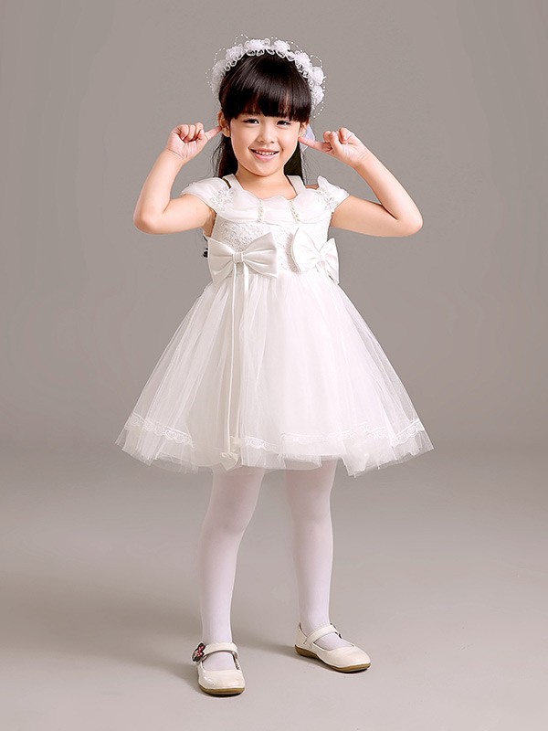 Short Tulle Lace Bow Pageant Dress with Wrap Shoulder - GemGrace