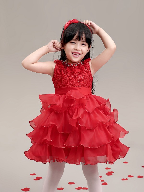 Hot Red Layered Lace Pageant Dress with Crystal Neck - GemGrace
