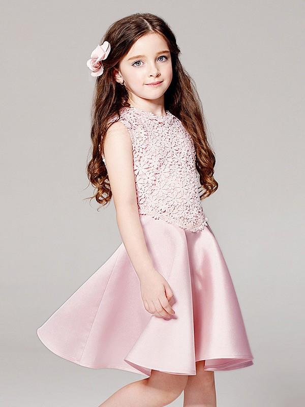 Simple Pink Satin Short Pageant Dress With Sleeveless Lace Jacket