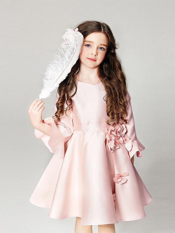 Pink Satin Short Floral Pageant Dress with Flare Sleeves - GemGrace