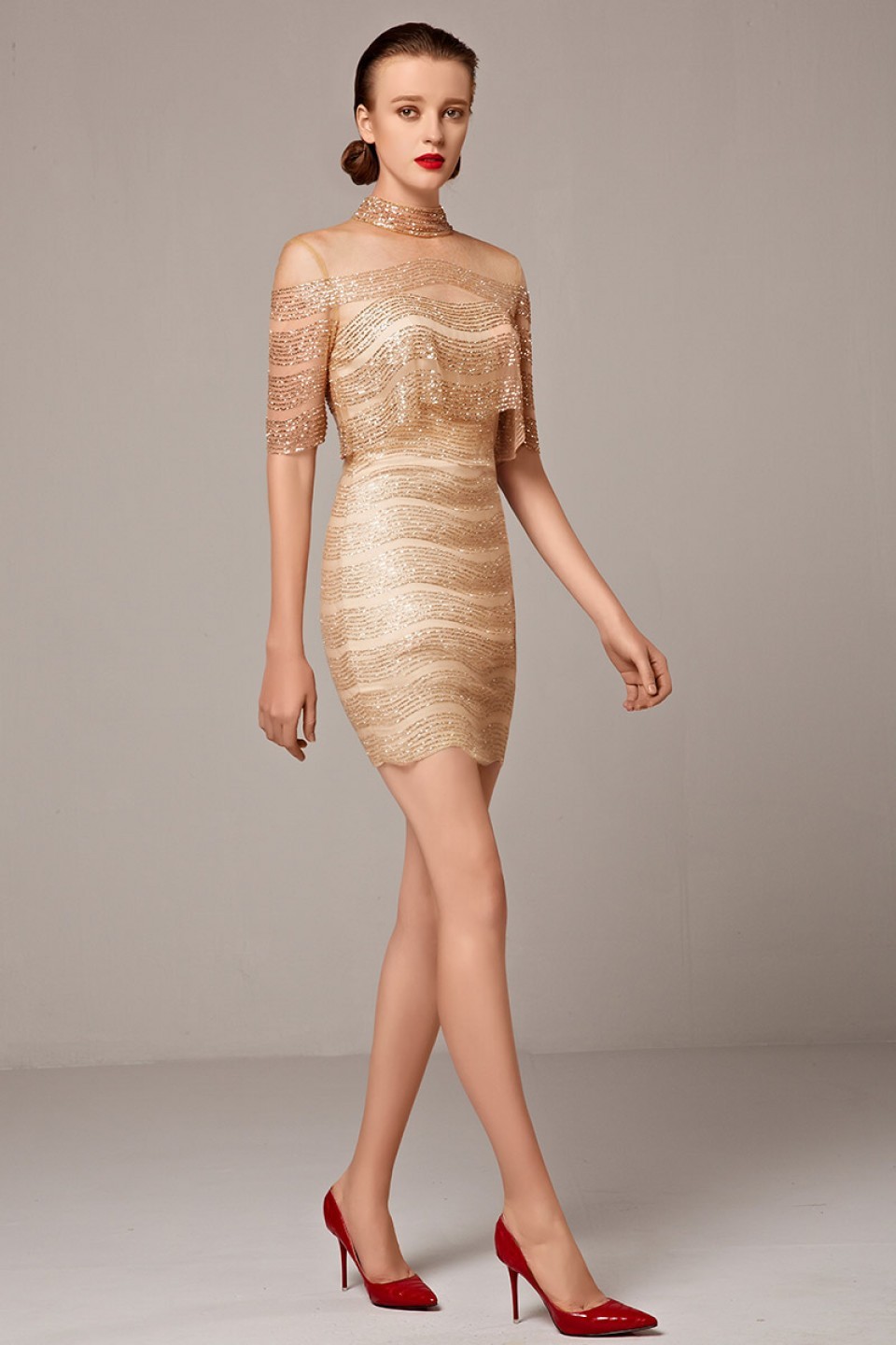 Sparkly Gold Sheath High Neck Cocktail Mini Dress with Sleeves