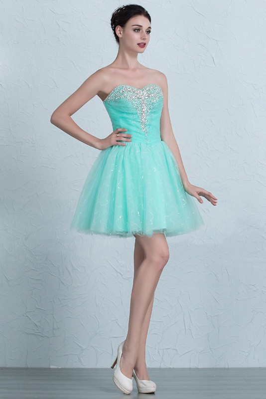 Pool Blue Beaded Sweetheart Mini Short Tulle Homecoming Prom Dress # ...