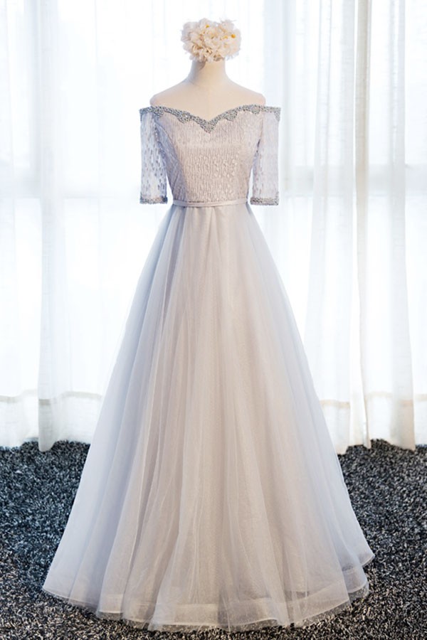 Elegant A Line Off The Shoulder Floor Length Tulle Prom Dress With