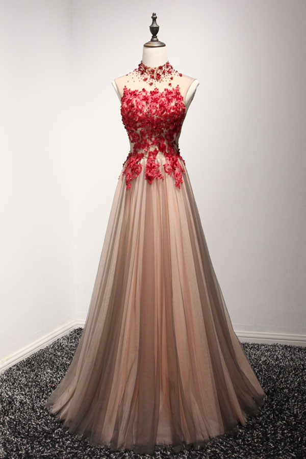 Unique Red Prom Dress A Line Halter Long Tulle Style With Appliques ...