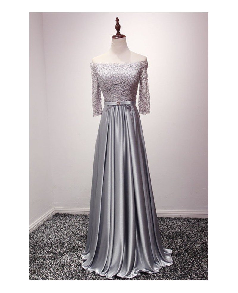 Elegant A-line Off-the-shoulder Floor-length Satin Prom Dress With Lace ...