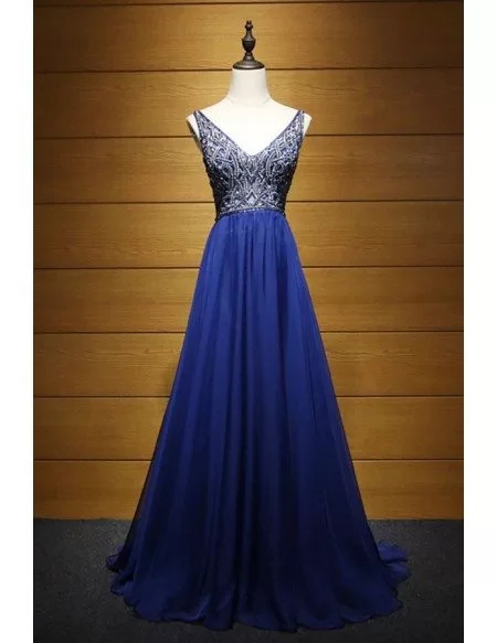 Glamour A Line V Neck Floor Length Tulle Prom Dress With Beading Ay106