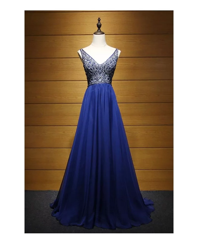 Glamour A Line V Neck Floor Length Tulle Prom Dress With Beading Ay106