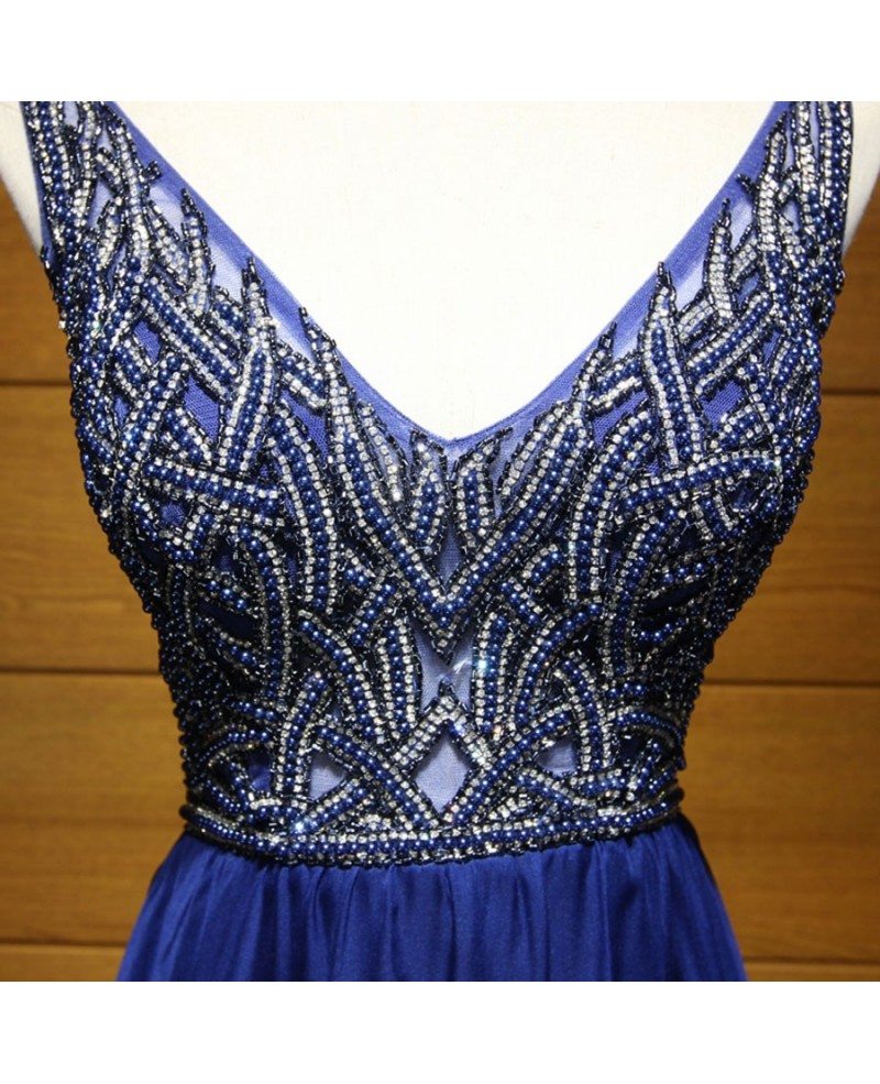 Glamour A Line V Neck Floor Length Tulle Prom Dress With Beading Ay106