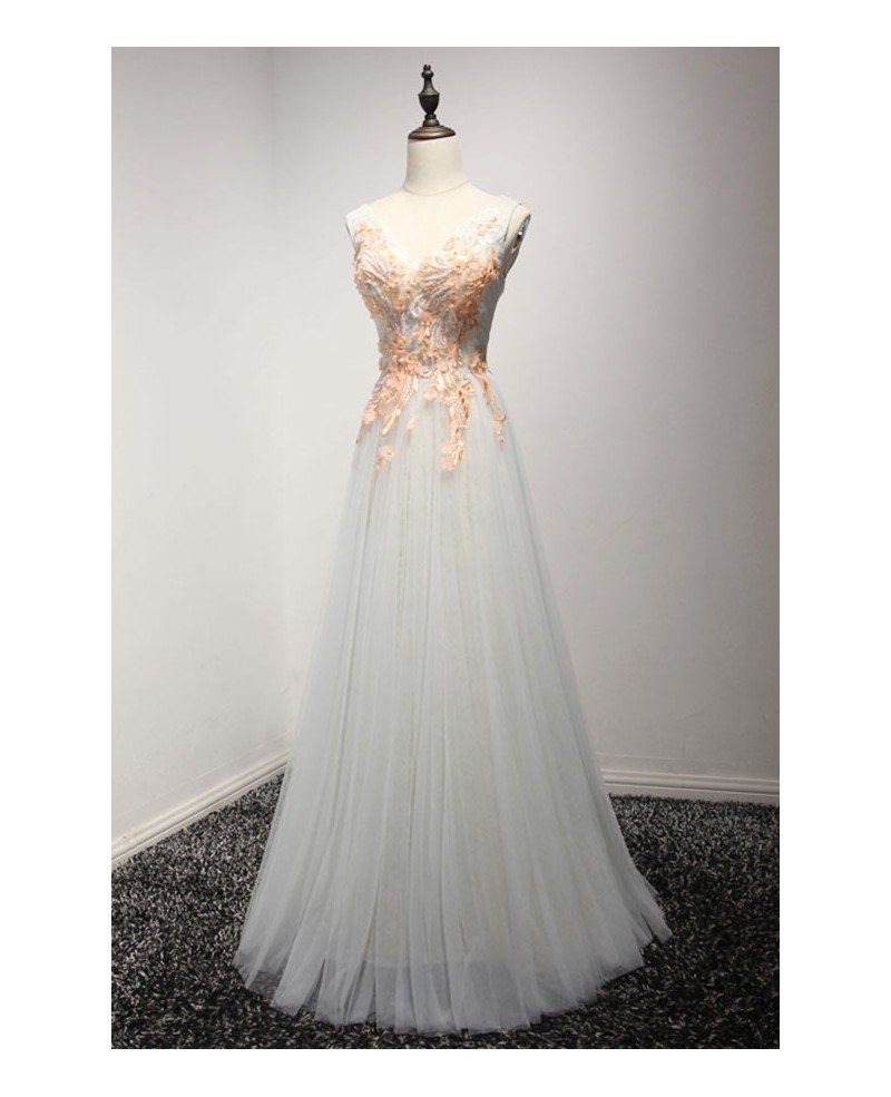 Exquisite A Line V Neck Floor Length Tulle Prom Dress With Beading