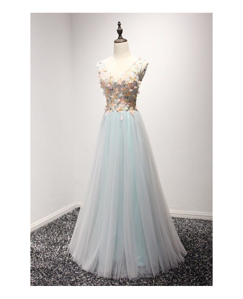 Stunning A Line V Neck Floor Length Tulle Prom Dress With Beading