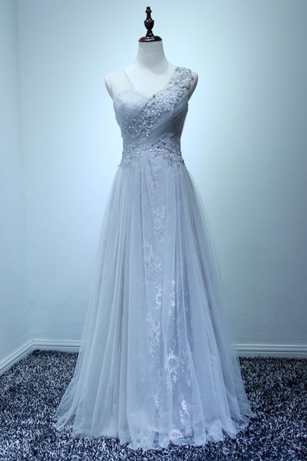 Stunning A Line V Neck Floor Length Tulle Prom Dress With Appliques