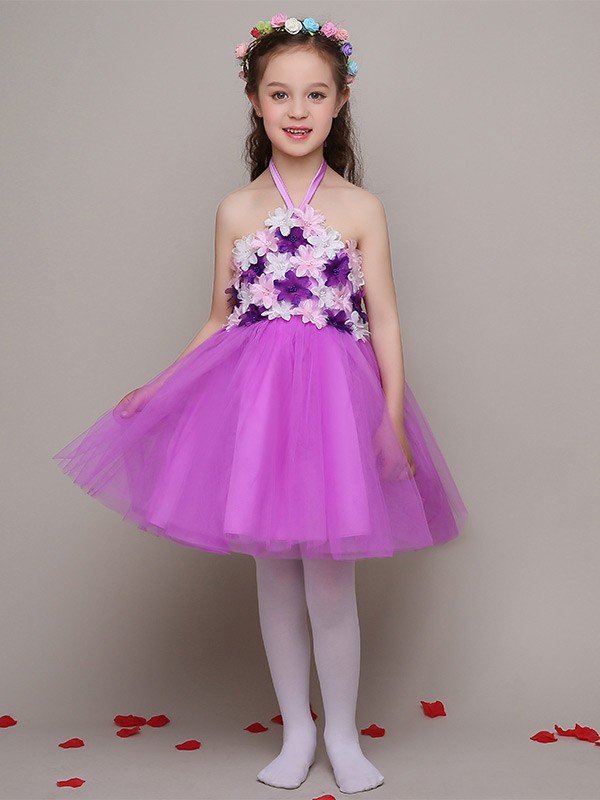 Purple Tulle Flowers Pageant Dress with Halter Strap #EFL13 - GemGrace.com