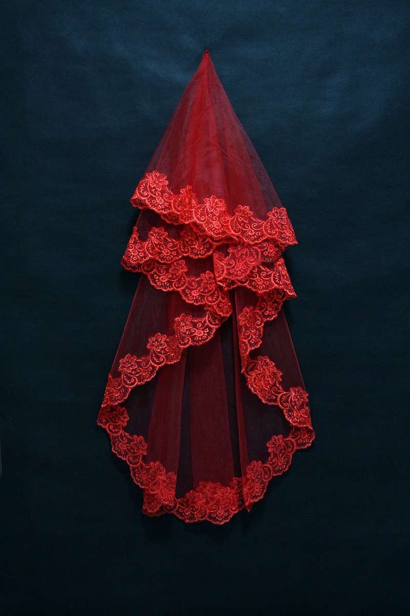 Beautiful Short Red Wedding Veil with Lace Hem #BV047 - GemGrace.com