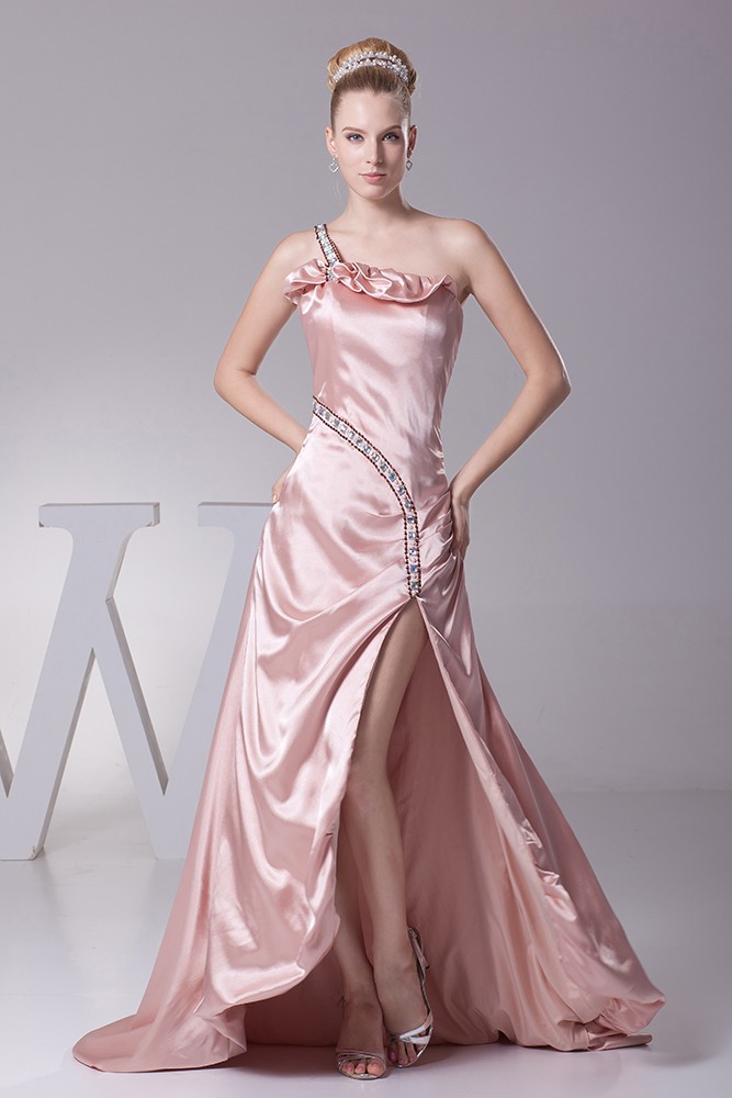 Lovely Pink Split Front Prom Dress with One Shoulder Beaded Strap # ...
