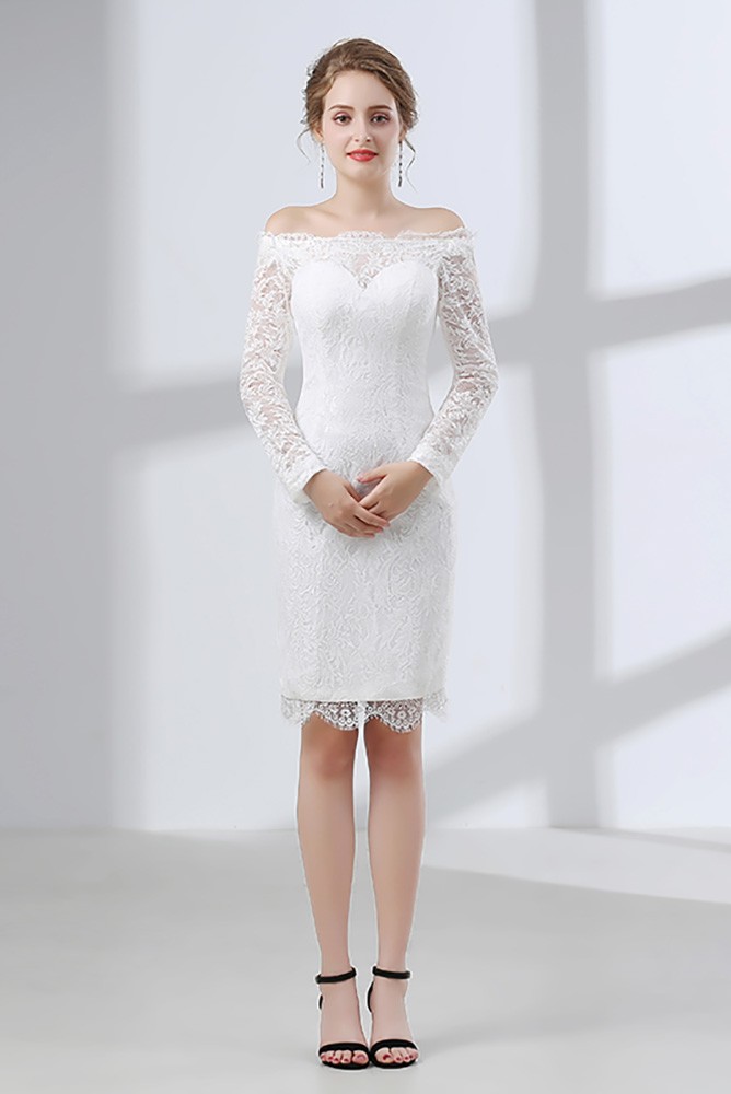Fitted Lace Off Shoulder Short Wedding Dress Long Sleeves Fitted Lace Off Shoulder Short Wedding Dress Long Sleeves
