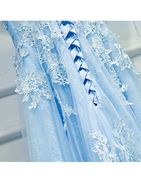 Gorgeous Sky Blue Long Prom Dress With Cap Sleeves Applique Lace # ...