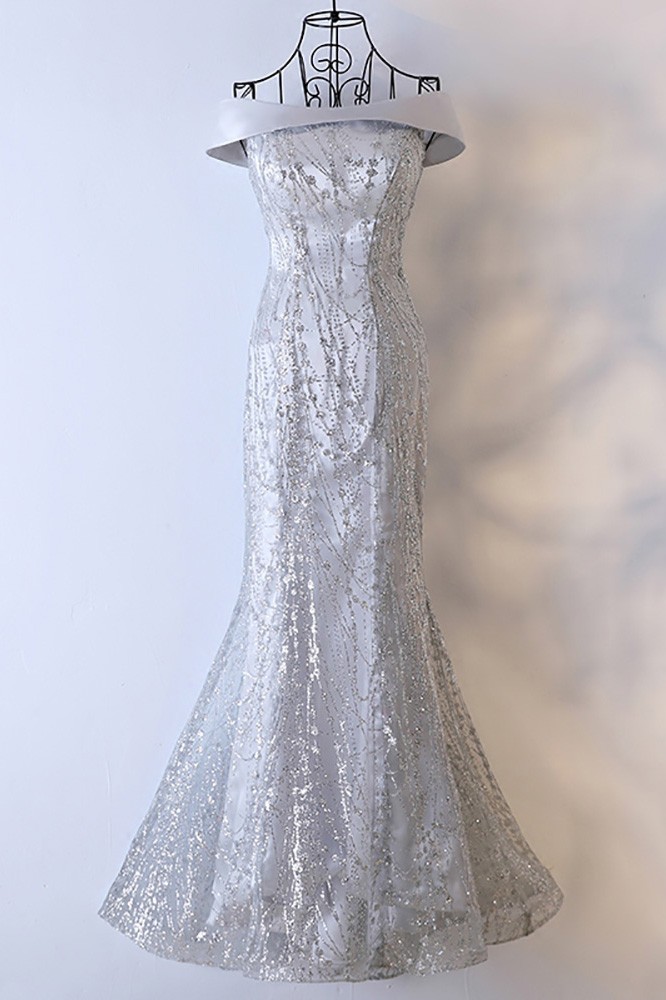 Sparkly Silver Long Mermaid Prom Dress Off The Shoulder #MYX18134 ...
