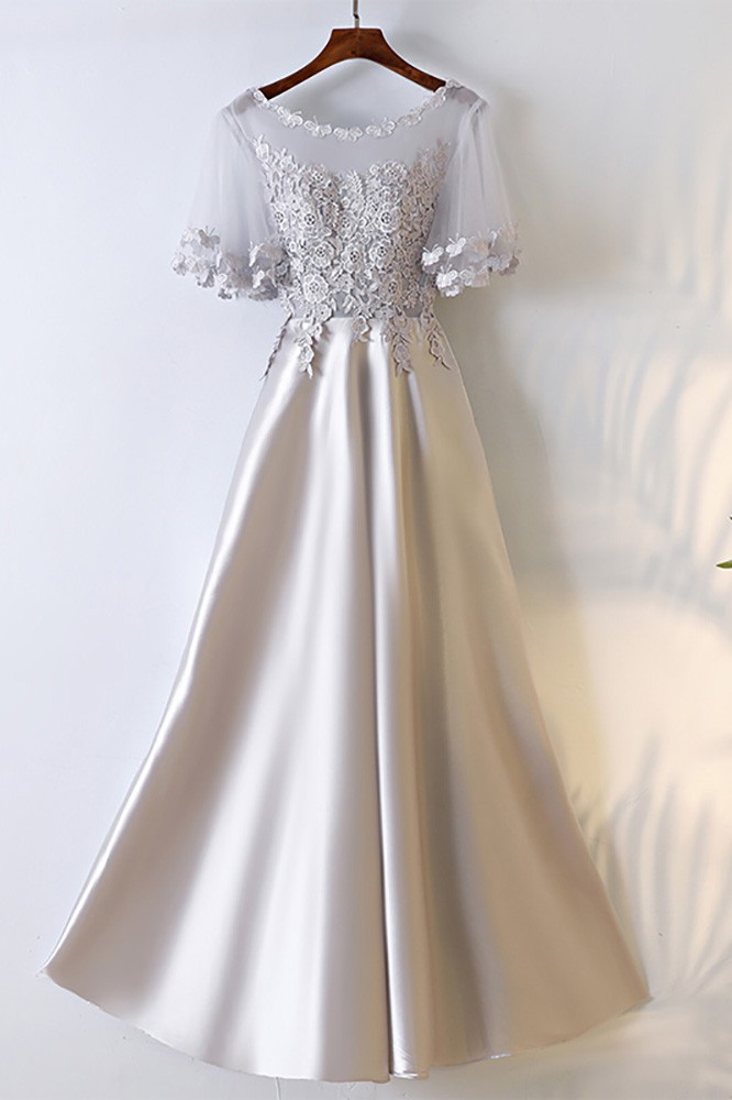 Silver Satin Long Party Prom Dress With Illusion Neckline #MYX18151 ...