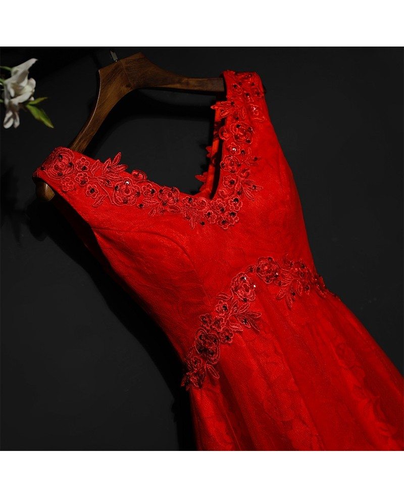 Short Red Beaded Lace High Waist Bridal Party Dress V-neck #MYX18161 ...