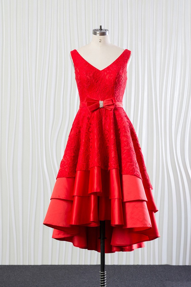Tiered Lace Satin Red Party Dress Short for Wedding Receptions #FN6929 ...