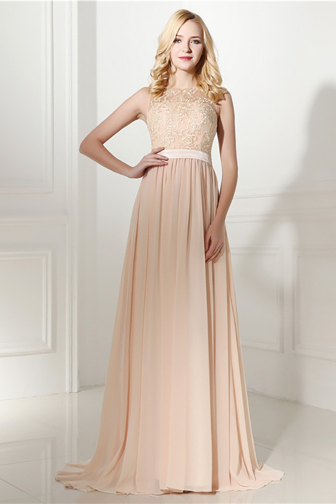 Elegant Long Chiffon Champagne Formal Evening Dress With Lace Bodice # ...