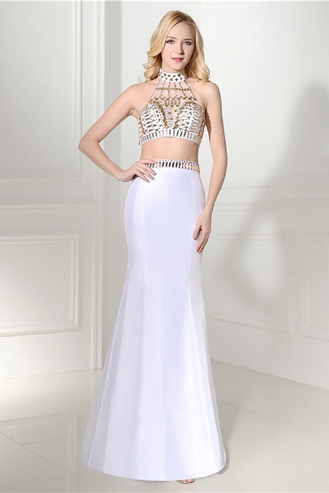 Unique 2 Piece White Semi Formal Dress With Halter Crystal Top #H76124 ...
