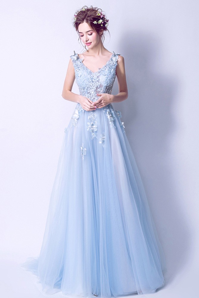 Elegant V-neck Light Blue Prom Dress Long With Floral Beading #AGP18104 ...