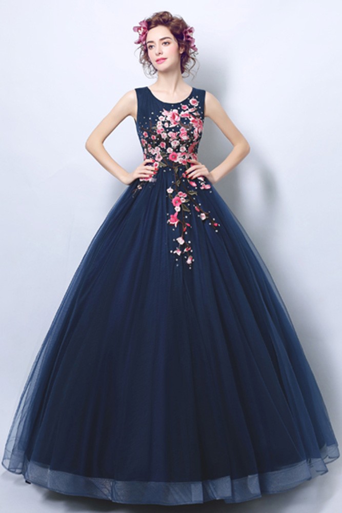 Dark Navy Blue Ballroom Formal Gown Dress With Applique Florals # ...