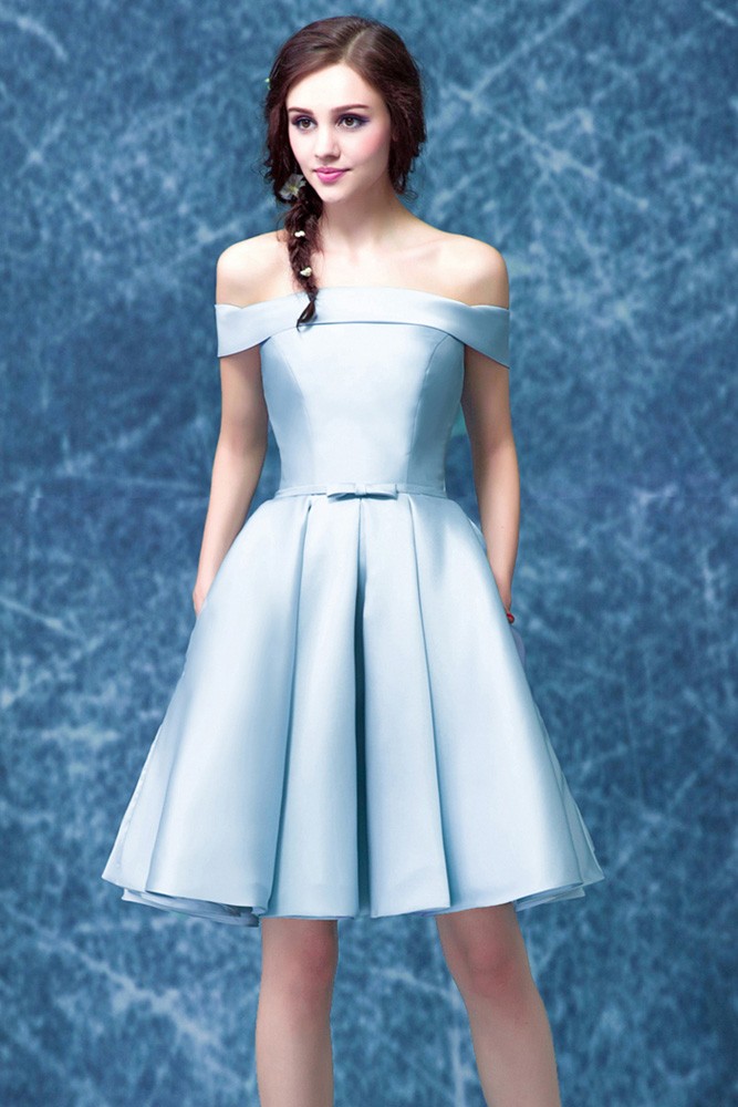 Simple Satin Blue Graduation Dress With Off The Shoulder Straps # ...