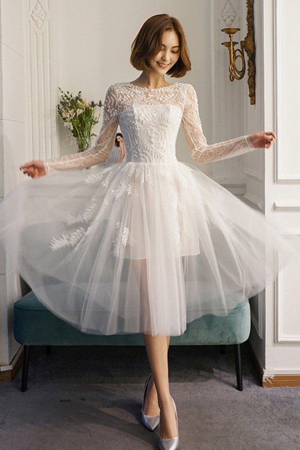 Chic Short See-through Tulle V-back Short Wedding Dress with Beading ...