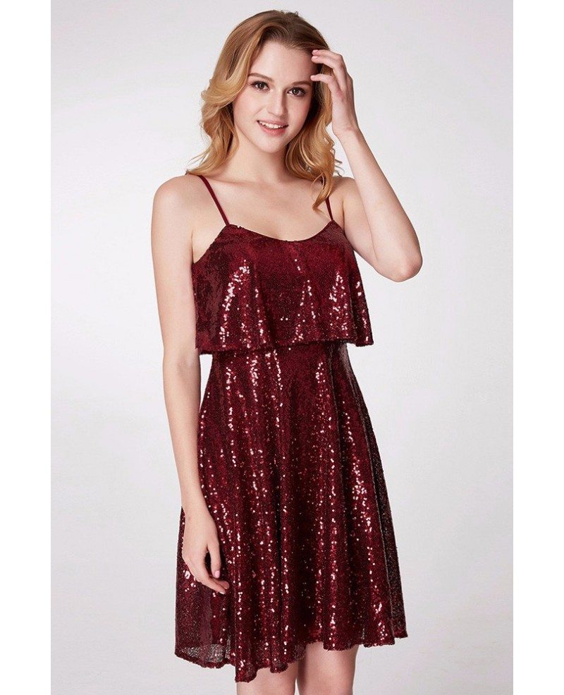 $61 Sparkly Sequined Short Burgundy Party Dress Ruffled Bodice # ...
