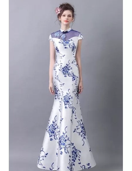 Vintage Blue And White Tight Formal Dress With Printed Floral Wholesale ...