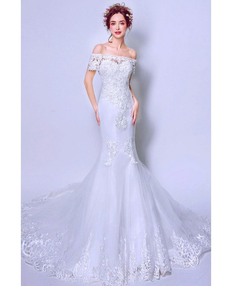 Fit And Flare Lace Train Wedding Dress With Off Shoulder Straps Fit And Flare Lace Train Wedding Dress With Off Shoulder Straps