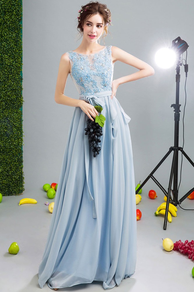 Flowy Blue Open Back Chiffon Prom Dress With Lace Beading Top Wholesale ...