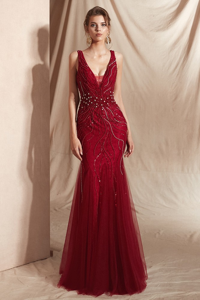 Mermaid Tight Burgundy Deep V Prom Dress with Shiny Beading #27008b ...