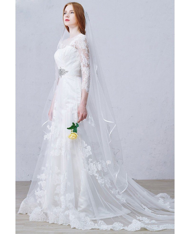 Elegant A Line Scoop Neck Sweep Train Tulle Wedding Dress With