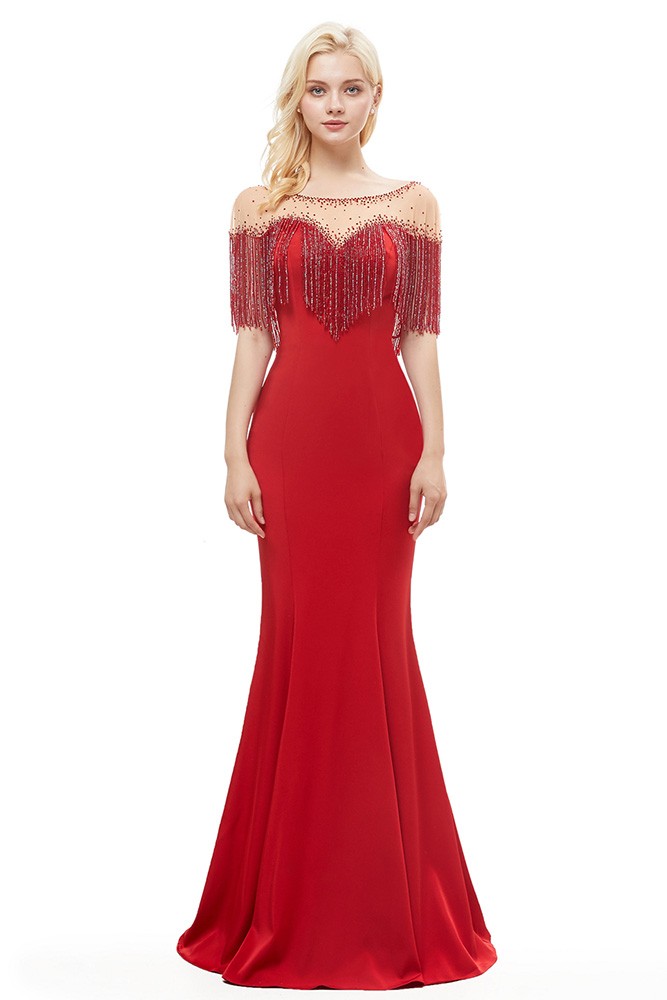 Sexy Mermaid Red Tight Prom Dress With Beading Tassels #G006 - GemGrace.com