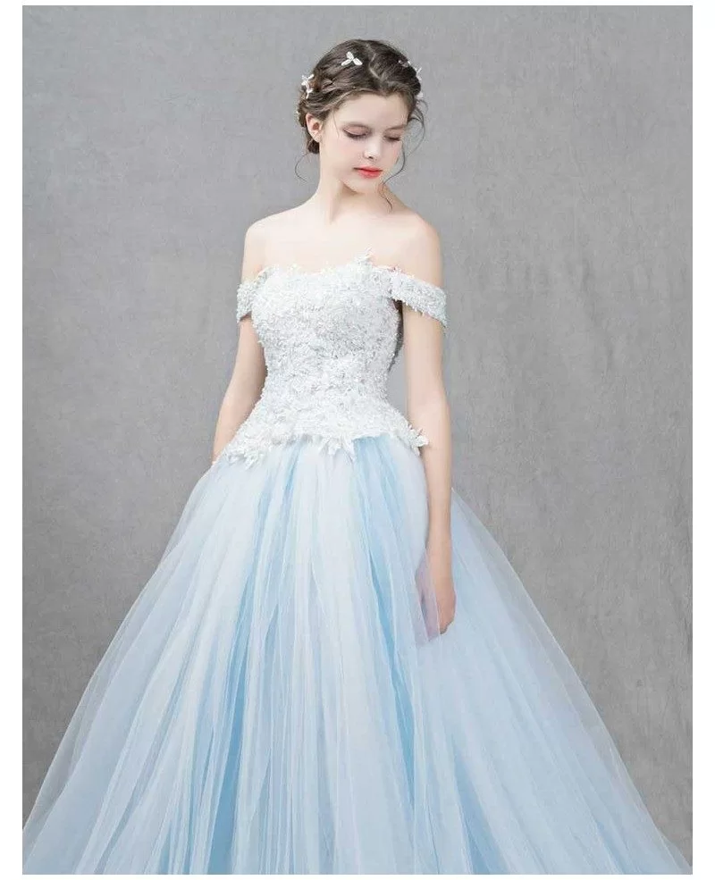 Romantic Ball Gown Off The Shoulder Sweep Train Tulle Wedding Dress