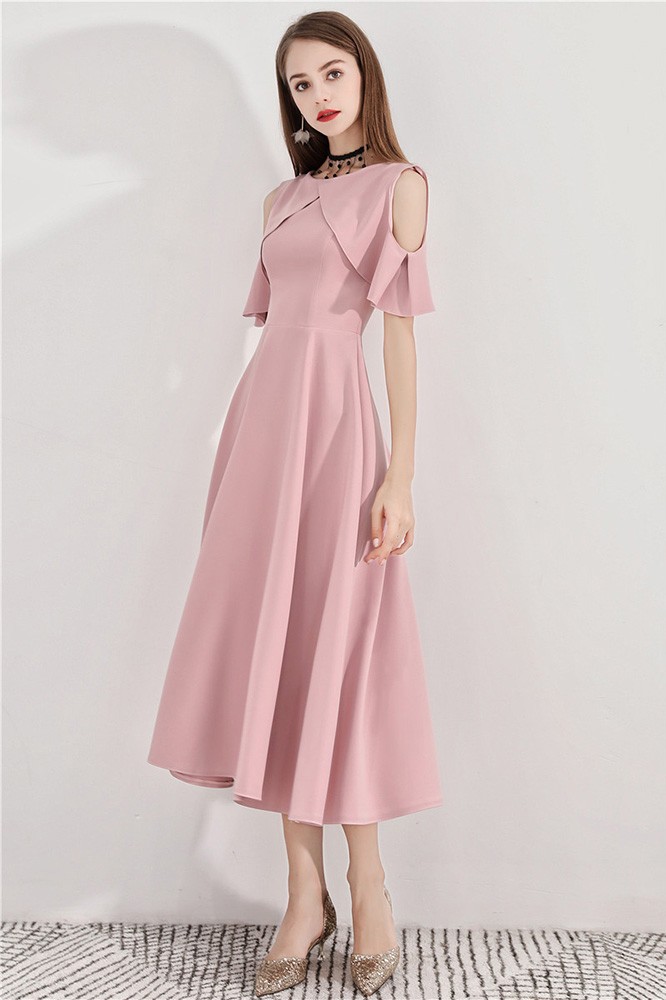 Gorgeous Pink Tea Length Semi Formal Dress Aline #BLS97017 - GemGrace.com