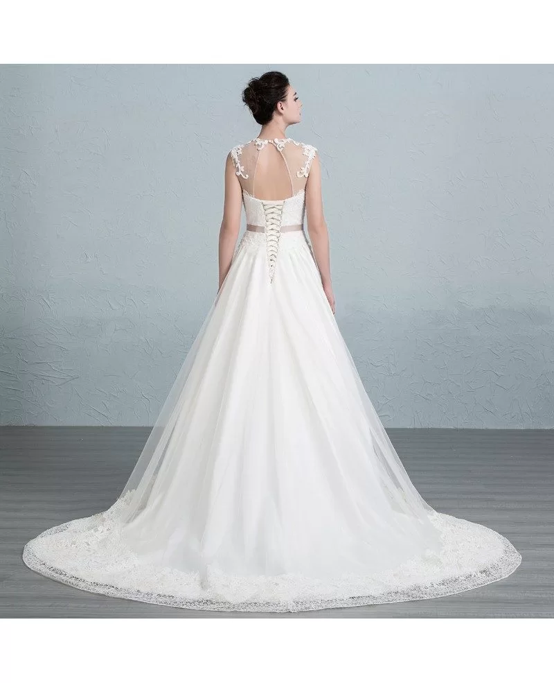 Feminine A Line Scoop Neck Sweep Train Tulle Wedding Dress With