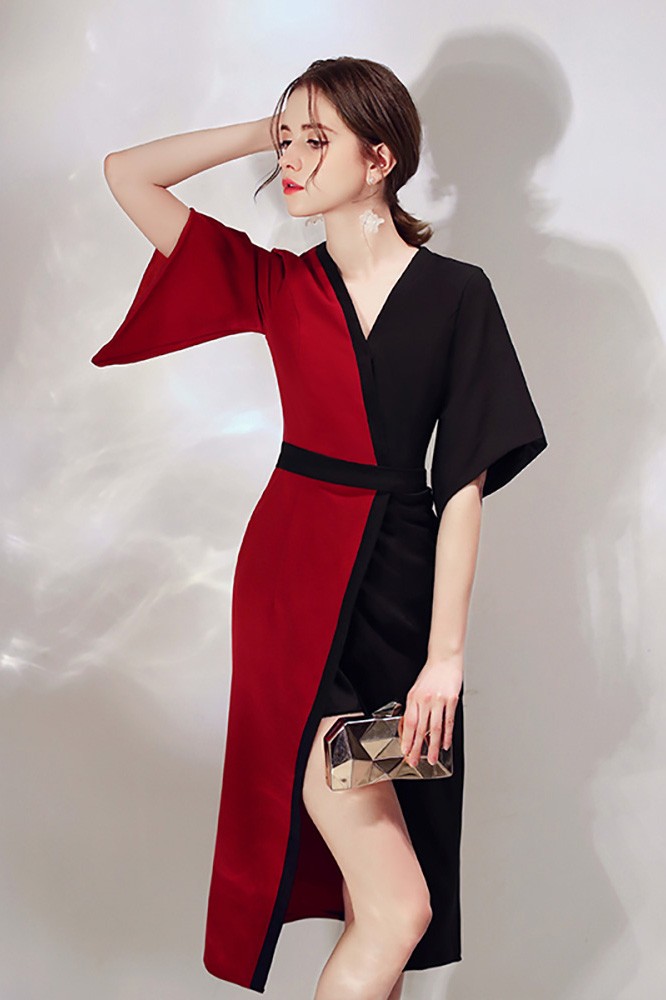 Black And Red Color Blocks Classy Party Dress With Sleeves #HTX97040 ...