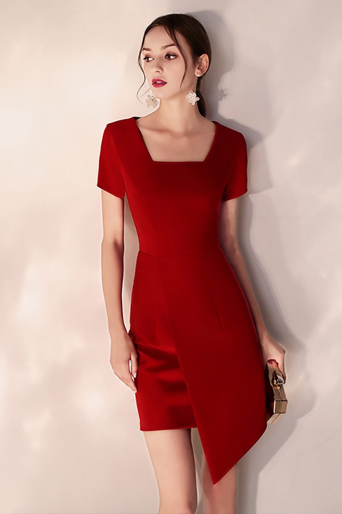 Bodycon Red Short Party Dress Square Neck Short Sleeves #HTX97060 ...