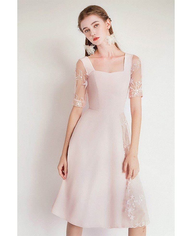 Asymmetrical Design Pink Lace Party Dress With Short Sleeves #HTX97052 ...