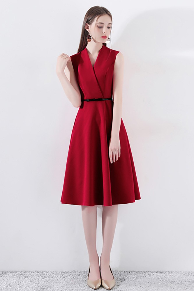 Formal Short Red Wrap Vneck Party Dress Sleeveless #HTX97009 - GemGrace.com