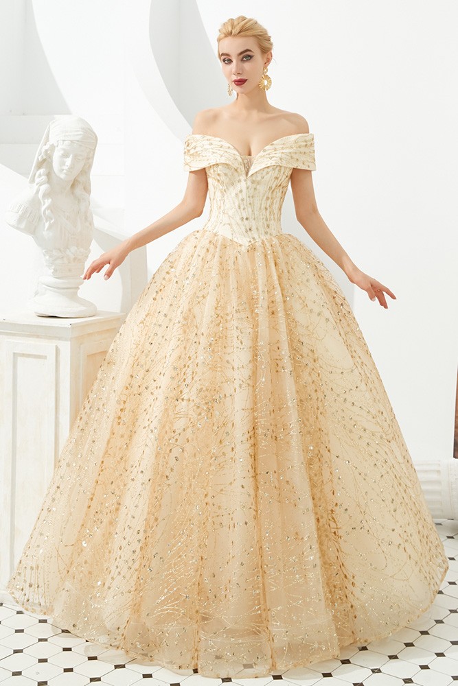 Off Shoulder Ball Room Gold Formal Dress With Sparkly Sequins #EZ31333 ...