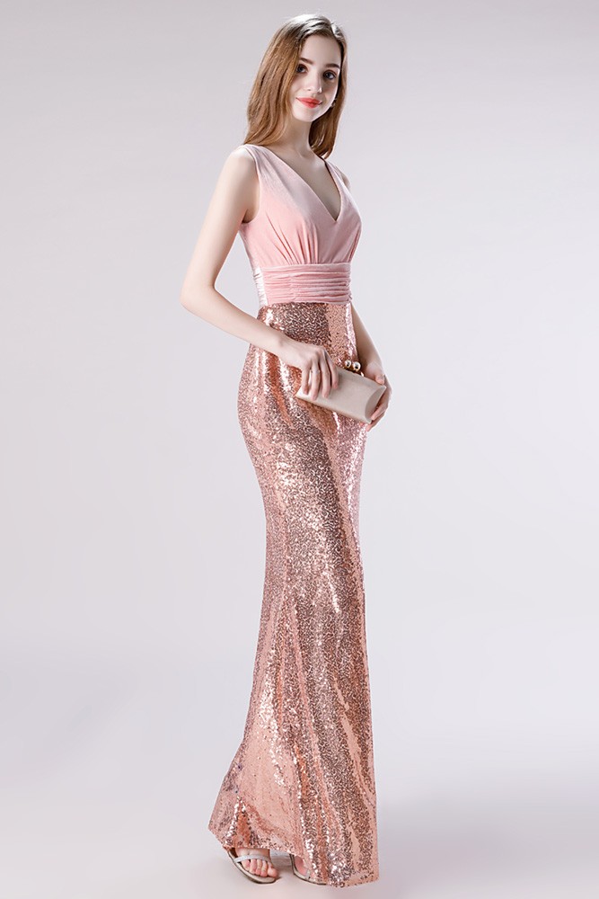 Sexy Sparkly Gold And Pink Velvet Semi Formal Dress For 2020 #EZ4005 ...