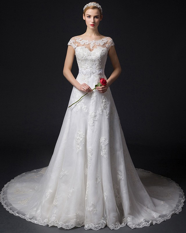 Feminine A-Line Scoop Neck Court Train Tulle Wedding Dress With ...