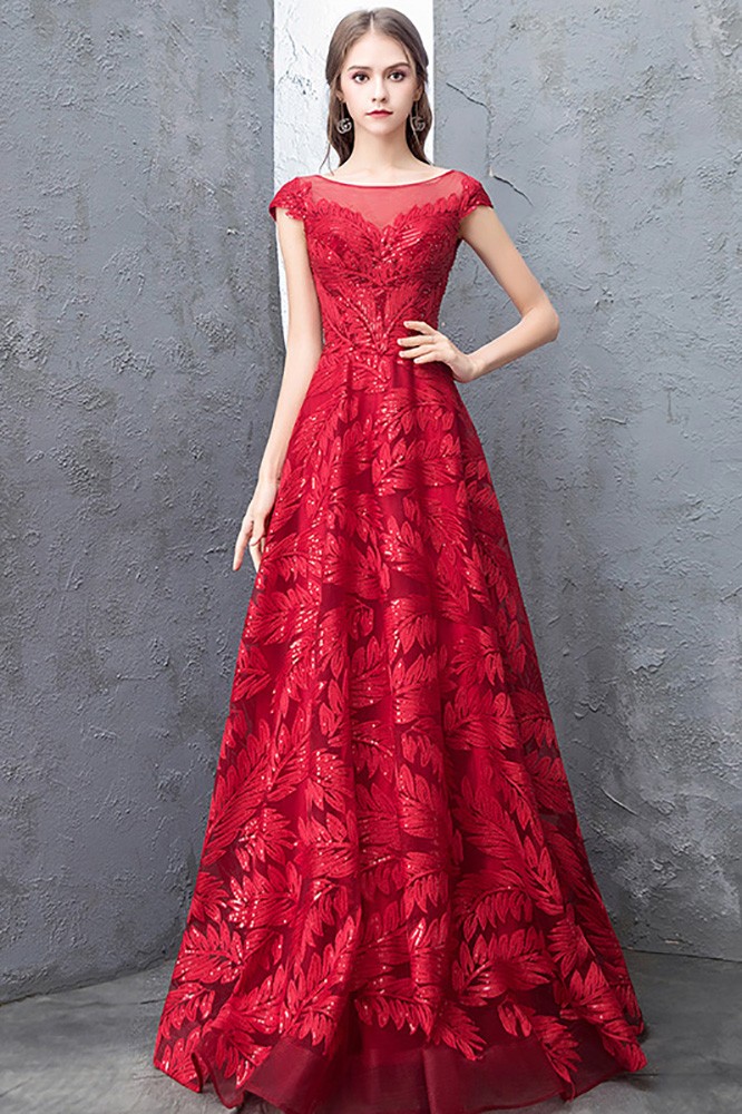 Unique Leaf Pattern Lace Red Prom Dress With Illusion Cap Sleeves # ...